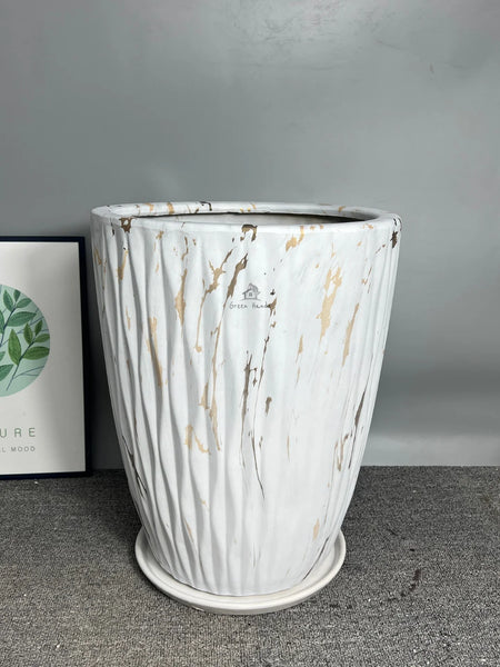 Extra Large Wavy Marble Gold Pot + Ceramic Plate – Green Hands